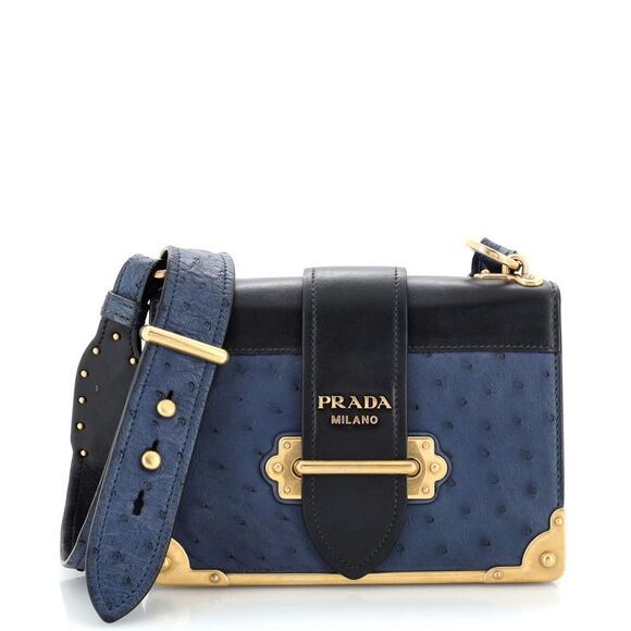Prada | Bags | Prada Cahier Crossbody Bag Leather And Ostrich Small Blue | Poshmark